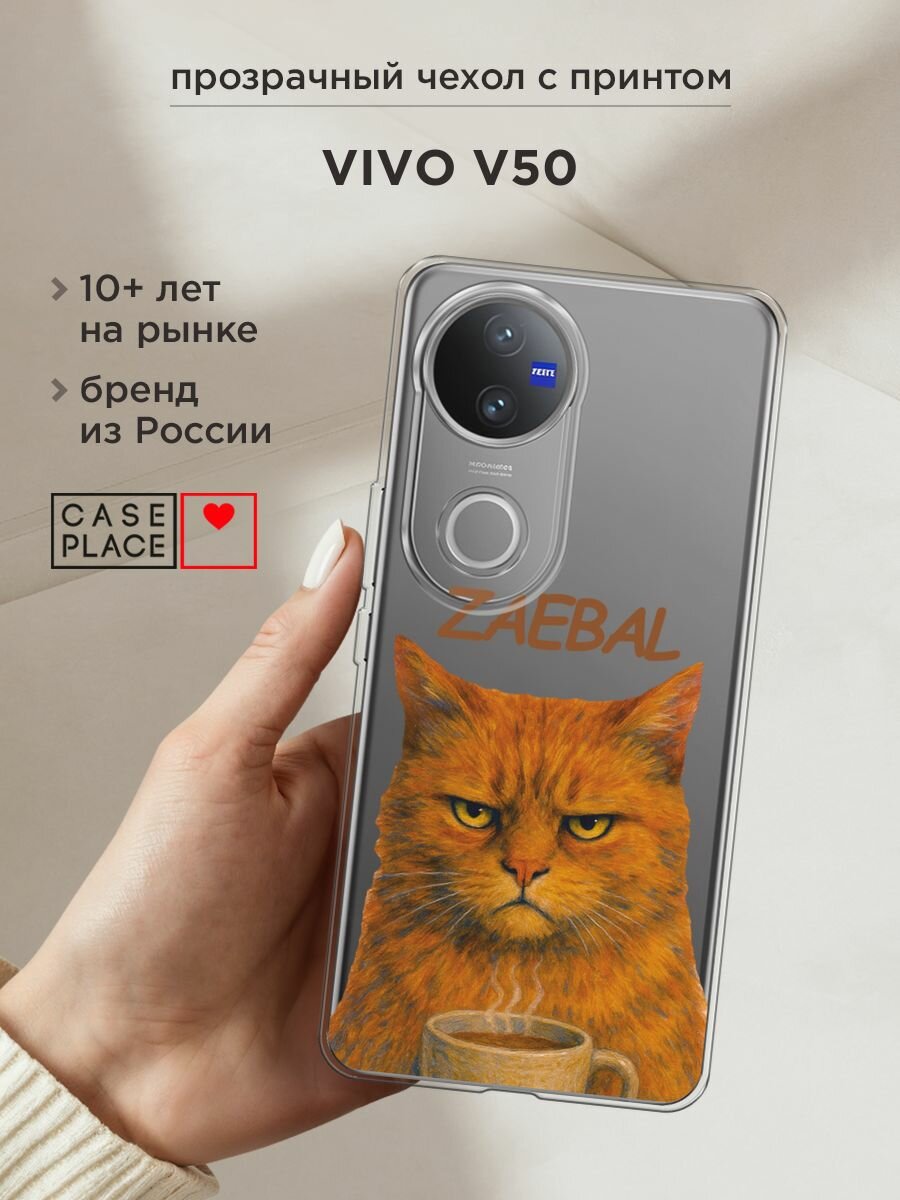 Чехол на Vivo V50 / Виво V50 с принтом "Рыжий кот с надписью", прозрачный