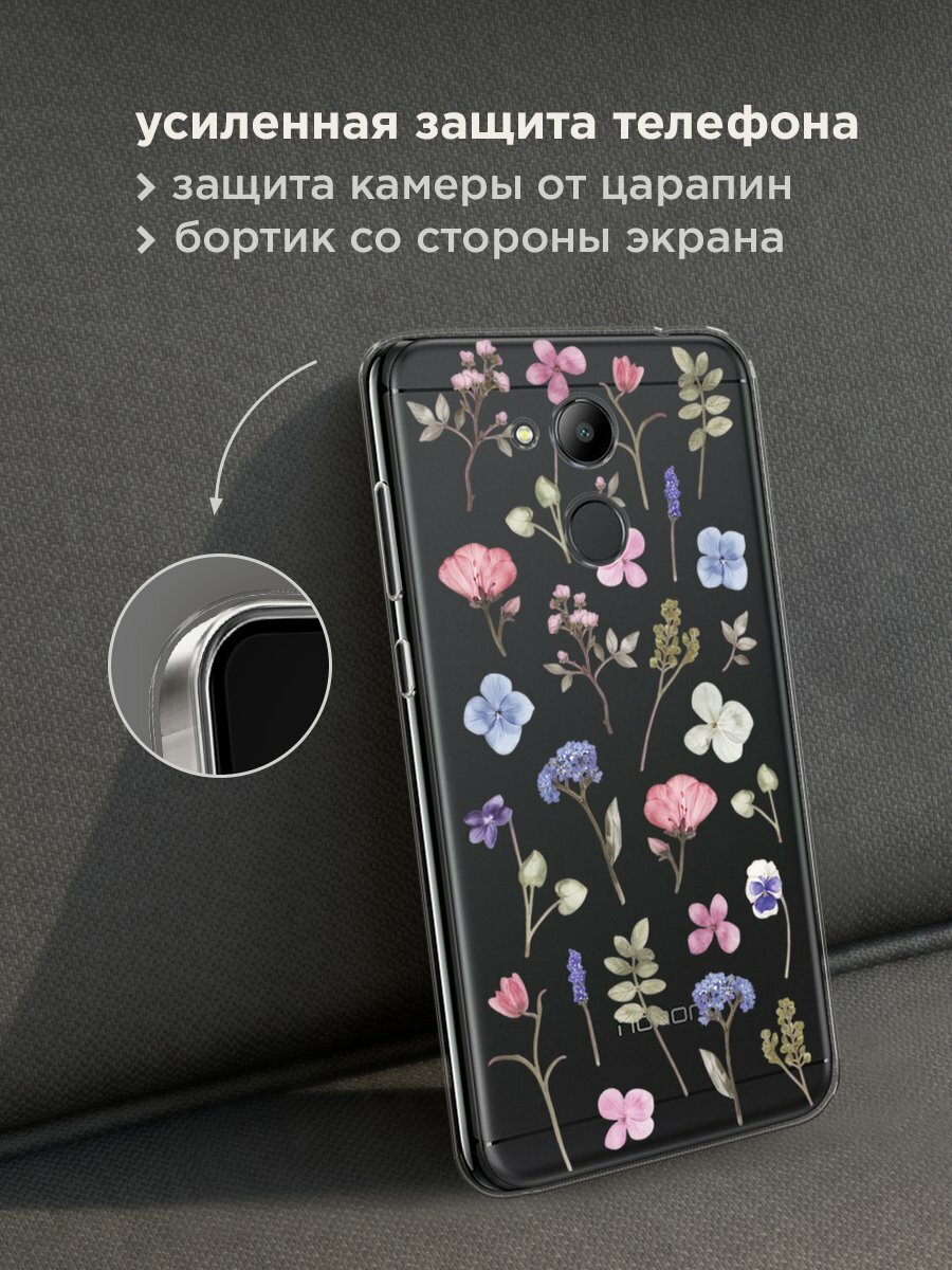 Чехол на Honor 6C Pro / Хонор 6С Про с принтом "Гербарий из полевых цветов", прозрачный — фото 1