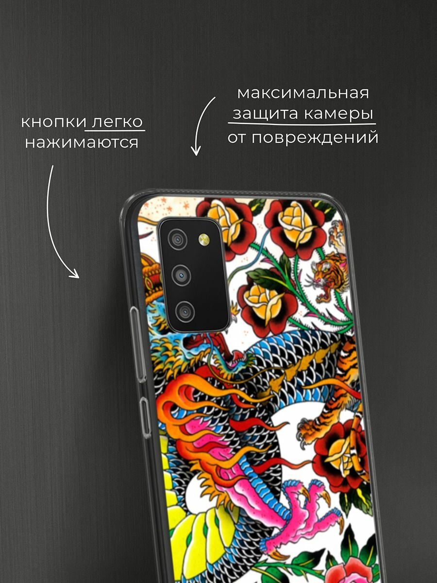 Чехол на Samsung Galaxy A02s / Самсунг Галакси A02s с принтом "Дракон в цветах" — фото 1