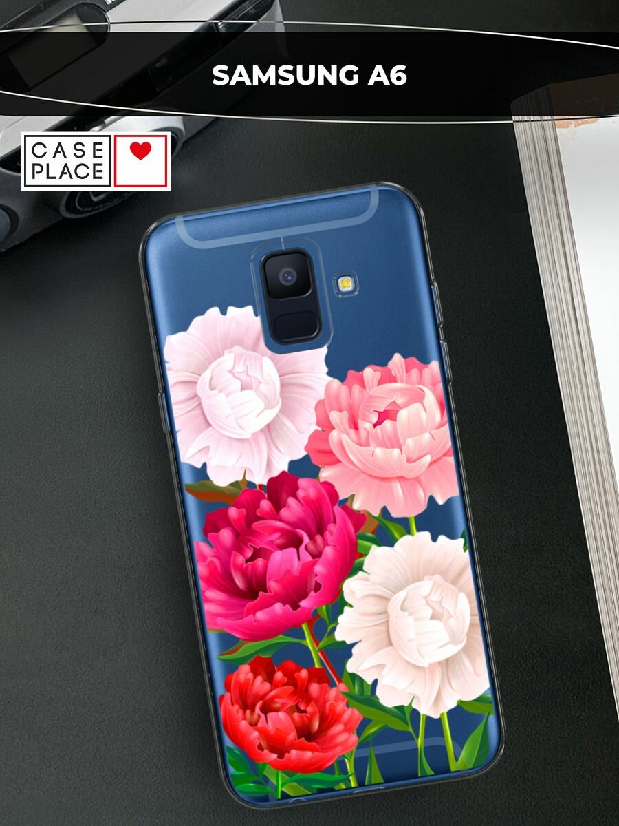 Чехол на Samsung Galaxy A6 / Самсунг Галакси А6 с принтом "Большие пионы", прозрачный