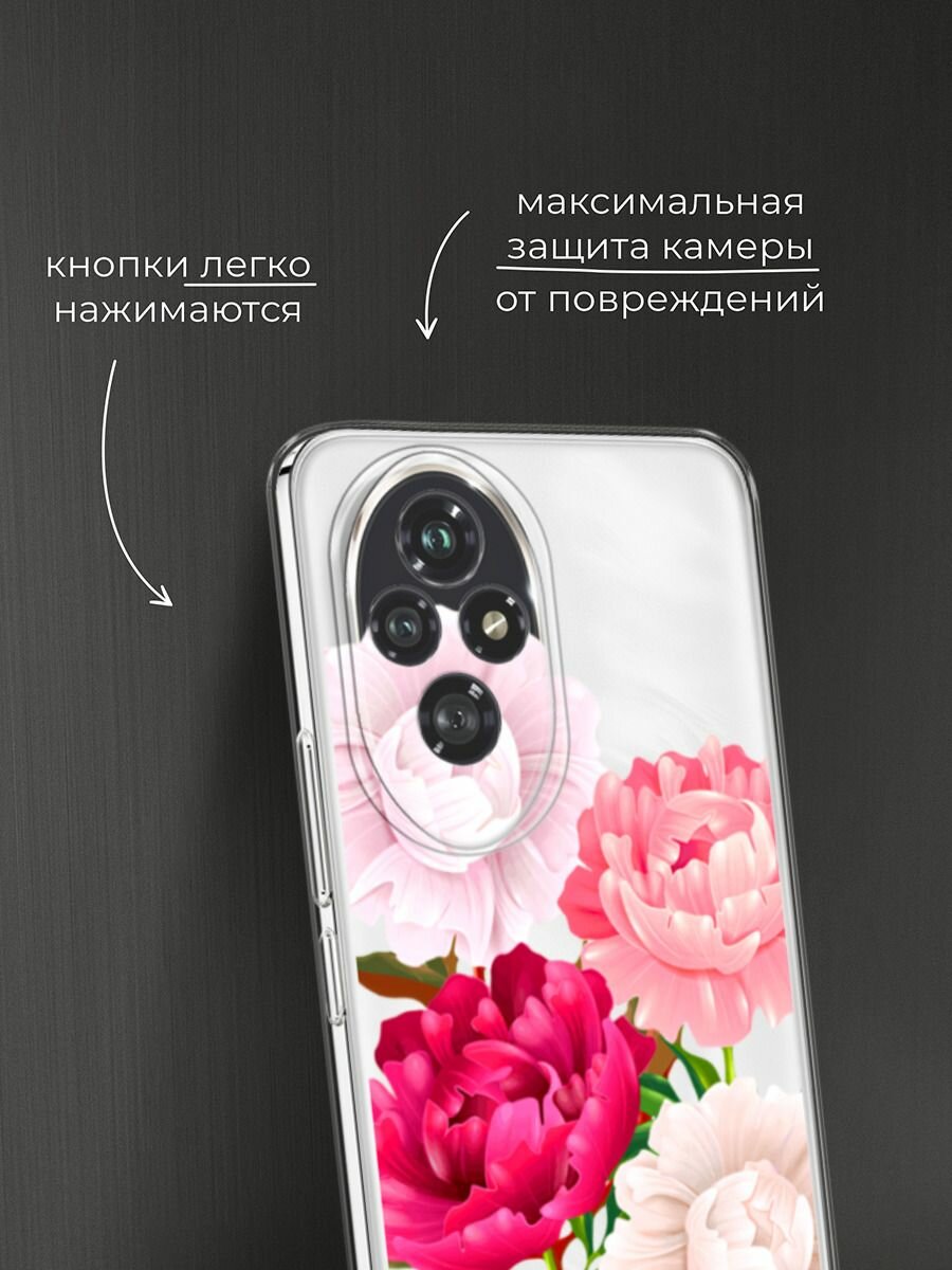 Чехол на Honor 200 / Хонор 200 с принтом "Большие пионы", прозрачный — фото 1