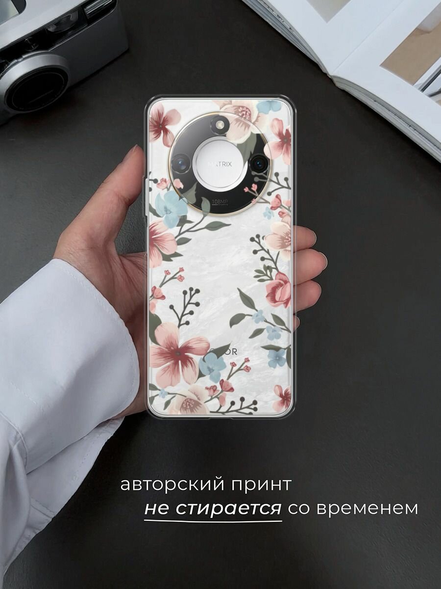Чехол на Honor X9c Smart / Хонор X9c Смарт с принтом "Нежная рамка из цветов", прозрачный — фото 1