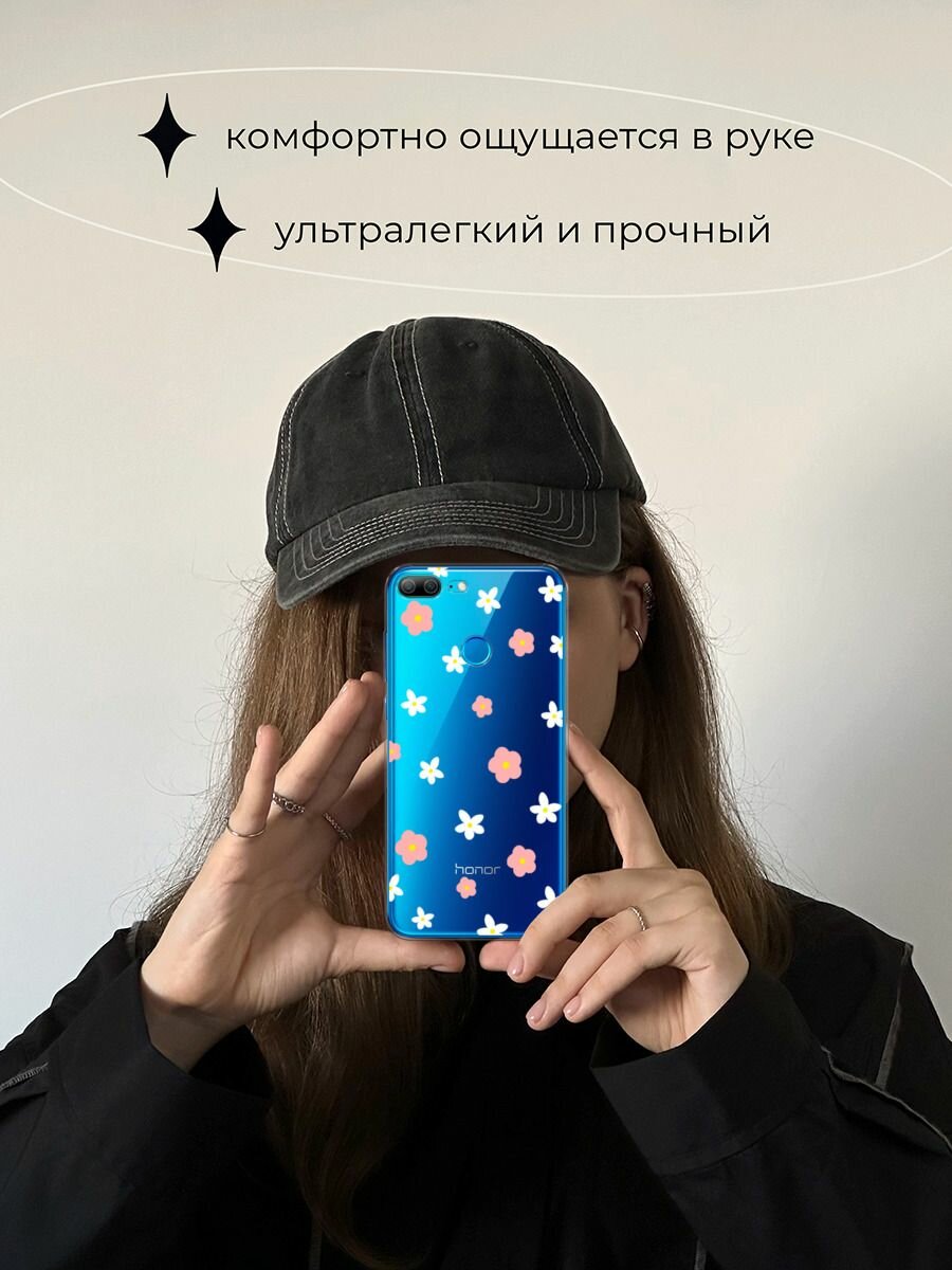 Чехол на Honor 9 Lite / Хонор 9 Лайт с принтом "Розовые и белые цветы", прозрачный — фото 1