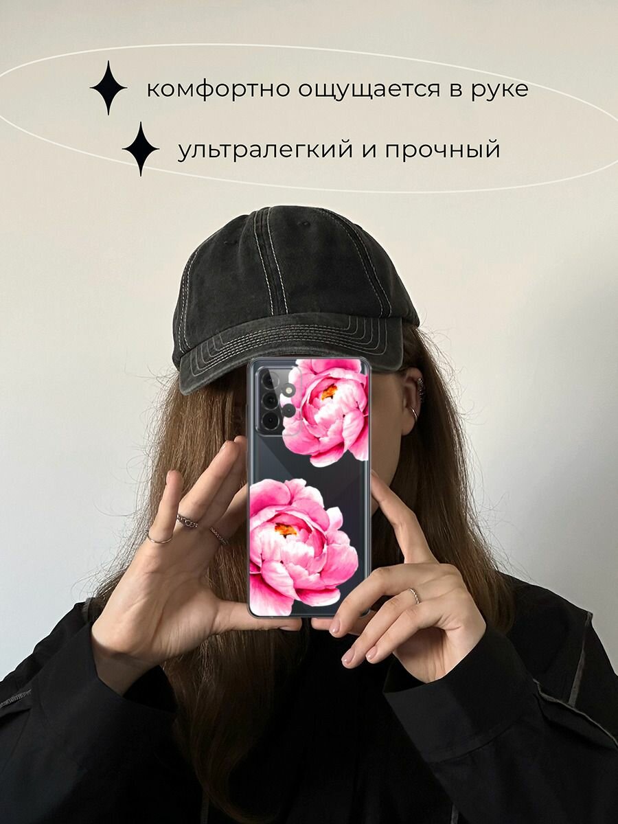 Чехол на Samsung Galaxy A72 / Самсунг Галакси А72 с принтом "Open peonies", прозрачный — фото 1