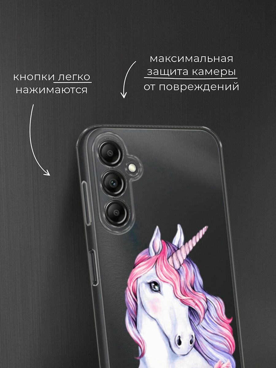 Чехол на Samsung Galaxy A15 / Самсунг А15 с принтом "Единорог с пионами", прозрачный — фото 1