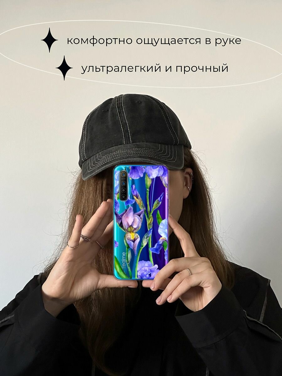 Чехол на Realme XT / Реалми XT с принтом "Синие ирисы", прозрачный — фото 1