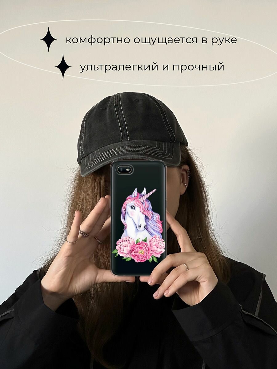 Чехол на Oppo A1k / Оппо А1к с принтом "Единорог с пионами", прозрачный — фото 1