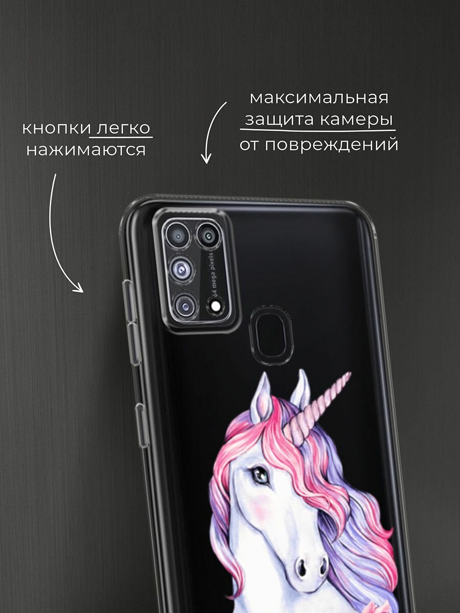 Чехол на Samsung Galaxy M31 / Самсунг Галакси М31 с принтом "Единорог с пионами", прозрачный — фото 1