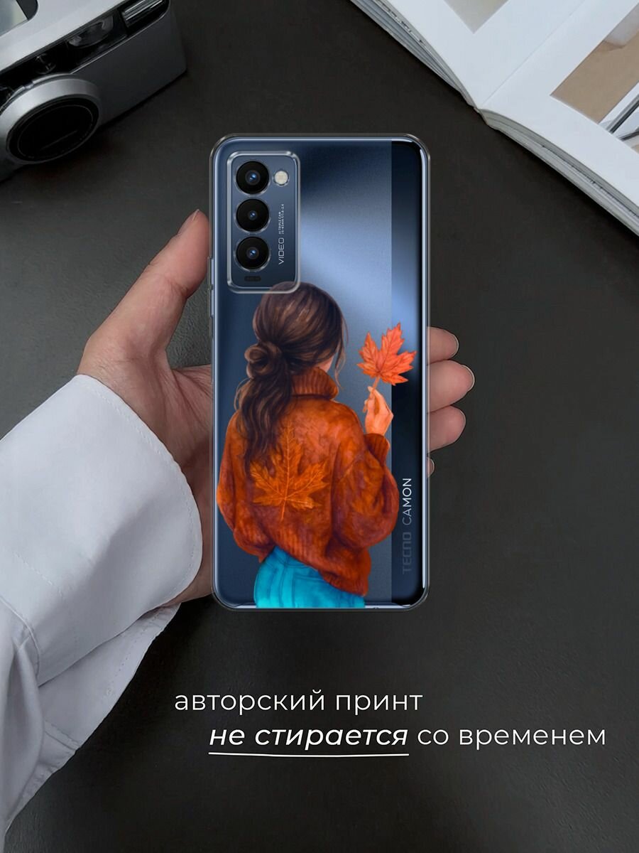 Чехол на Tecno Camon 18P / Техно Камон 18Р с принтом "Девушка с опавшим листом", прозрачный — фото 1