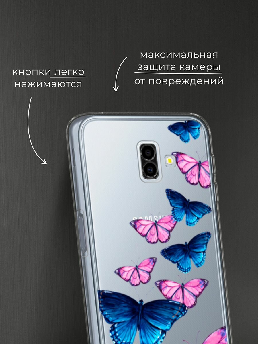 Чехол на Samsung Galaxy J6 + / Самсунг Галакси J6 Плюс 2018 с принтом "Взлетающие бабочки", прозрачный — фото 1
