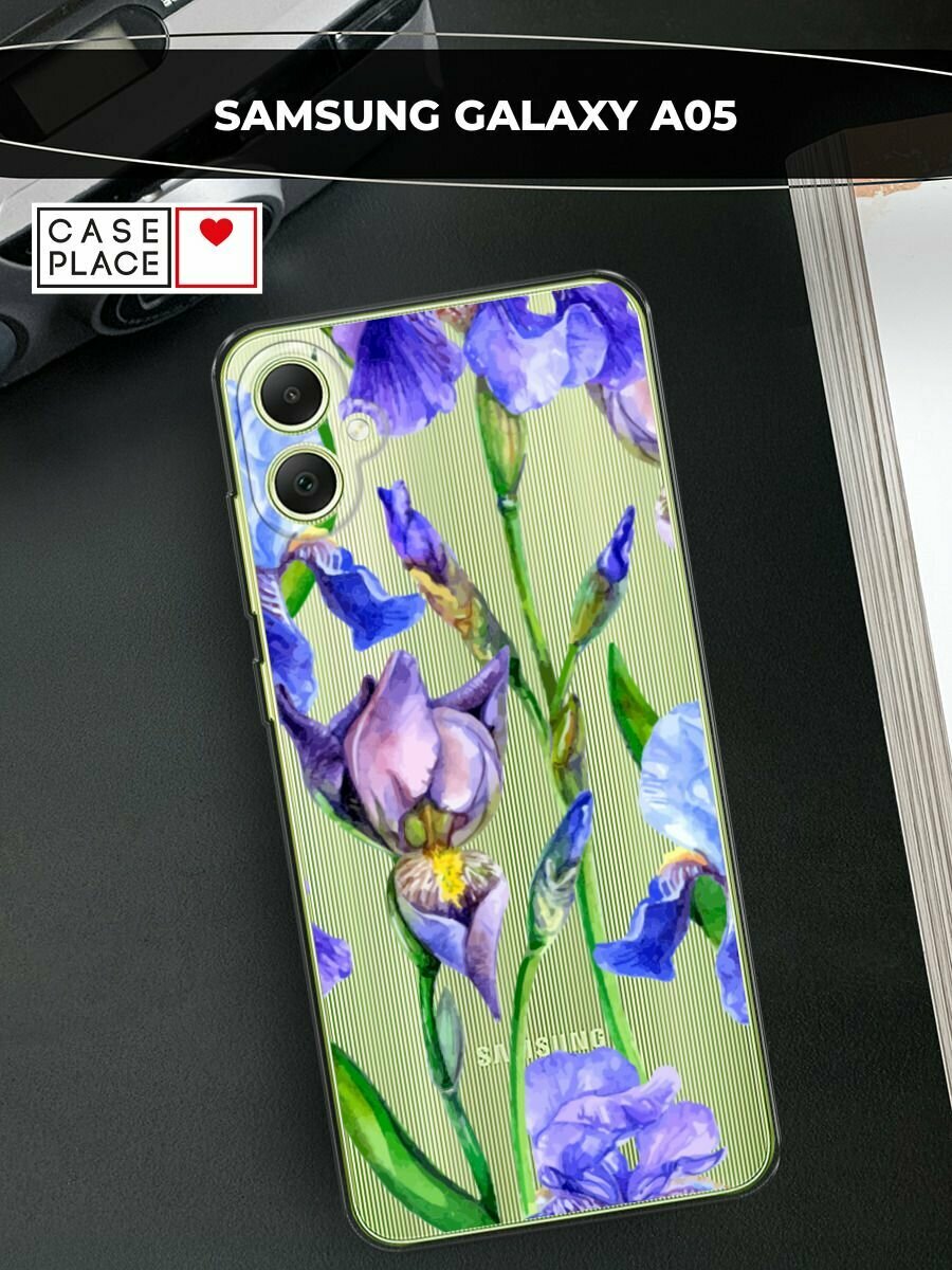 Чехол на Samsung Galaxy A05 / Самсунг Галакси A05 с принтом "Синие ирисы", прозрачный