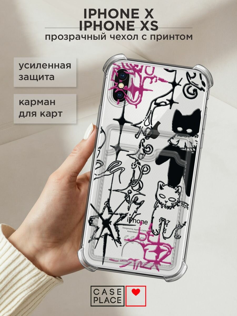 Чехол на Apple iPhone X/XS (Айфон X/XS) с картой и принтом "Готические котики"