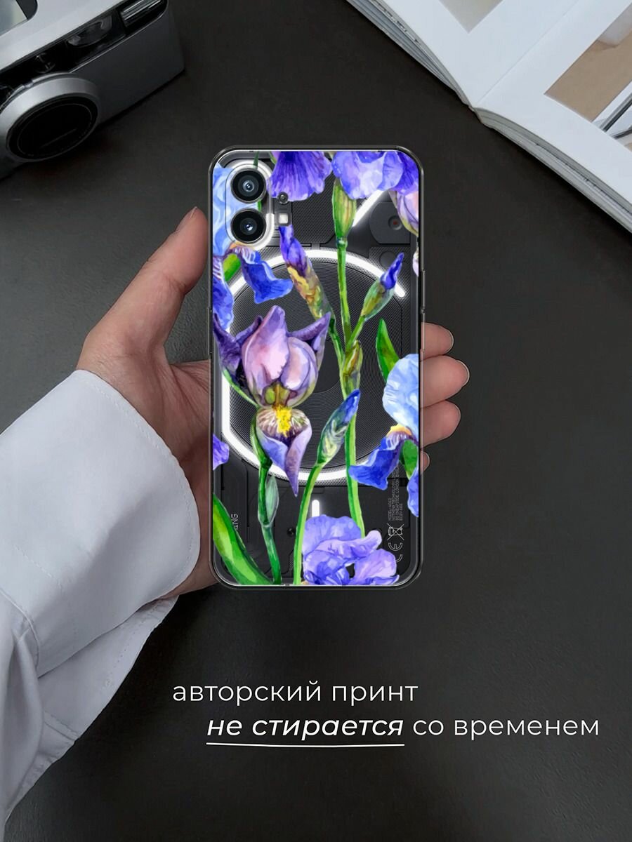 Чехол на Nothing Phone 1 / Нафинг Фон 1 с принтом "Синие ирисы", прозрачный — фото 1