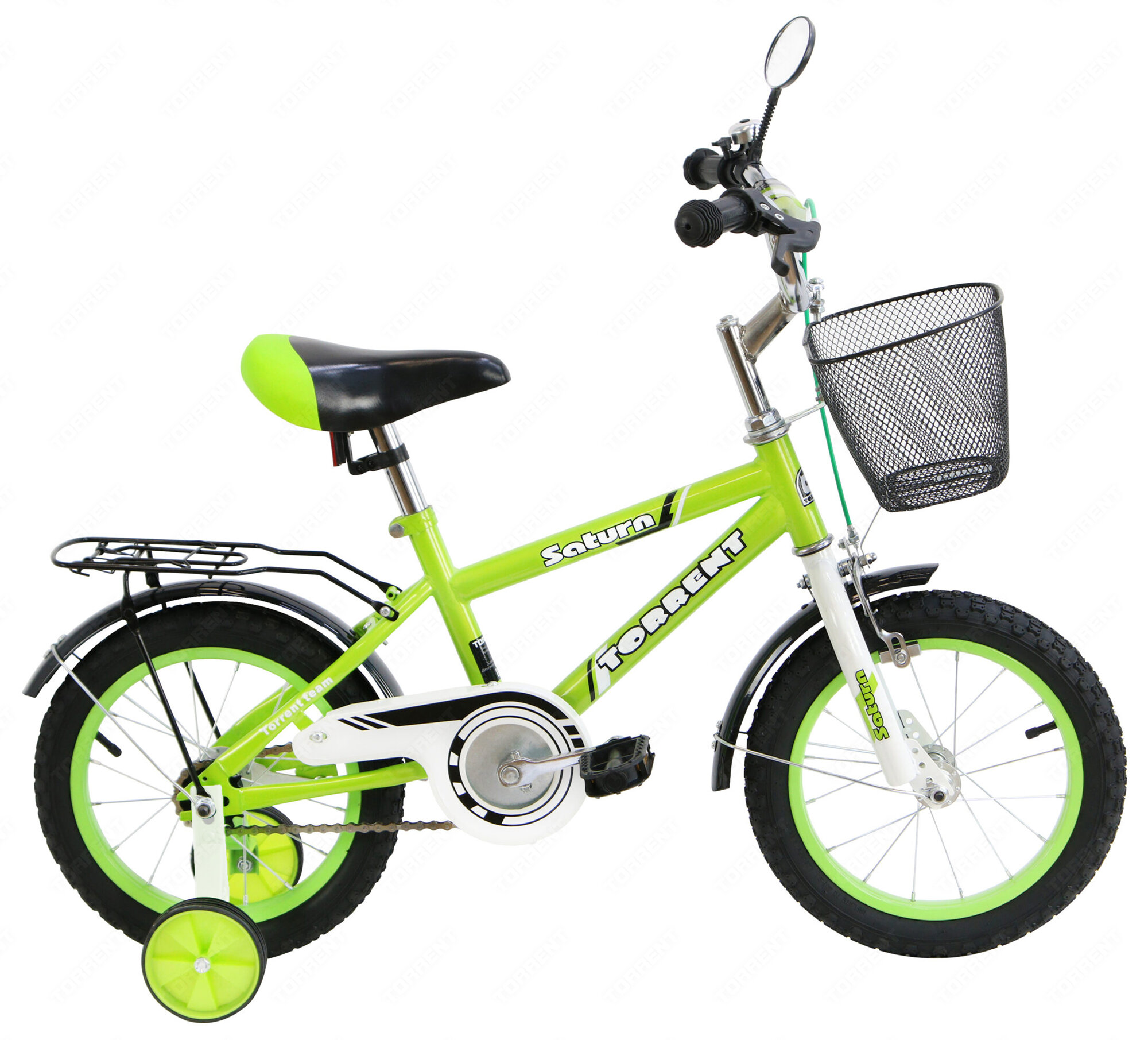Велосипед Torrent Saturn + корзина, Зеленый (1 скорость, добавочные колеса, рама сталь, колеса 14 )