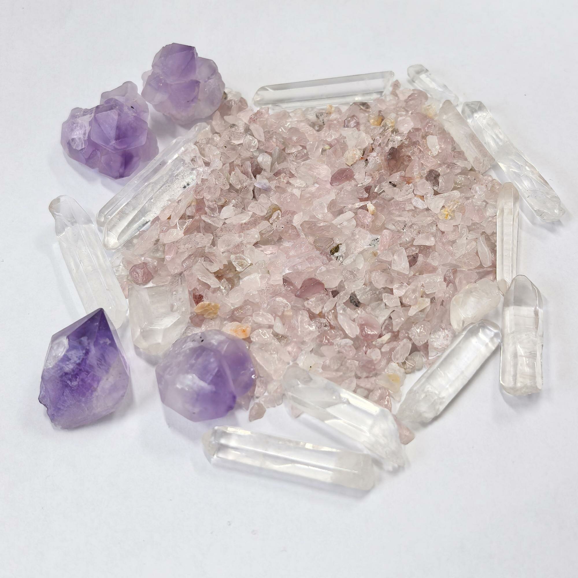 Набор камней без отверстия, кристаллы кварца, друзы аметиста, каменная крошка из розового кварца, 65 грамм