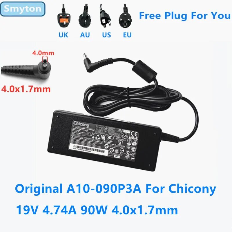 Оригинальное зарядное устройство переменного тока для Chicony 19 В 4,74 А 90 Вт 4,0x1,7 мм A10-090P3A A090A088L Hasee k610D Блок питания для ноутбука, with EU Plug