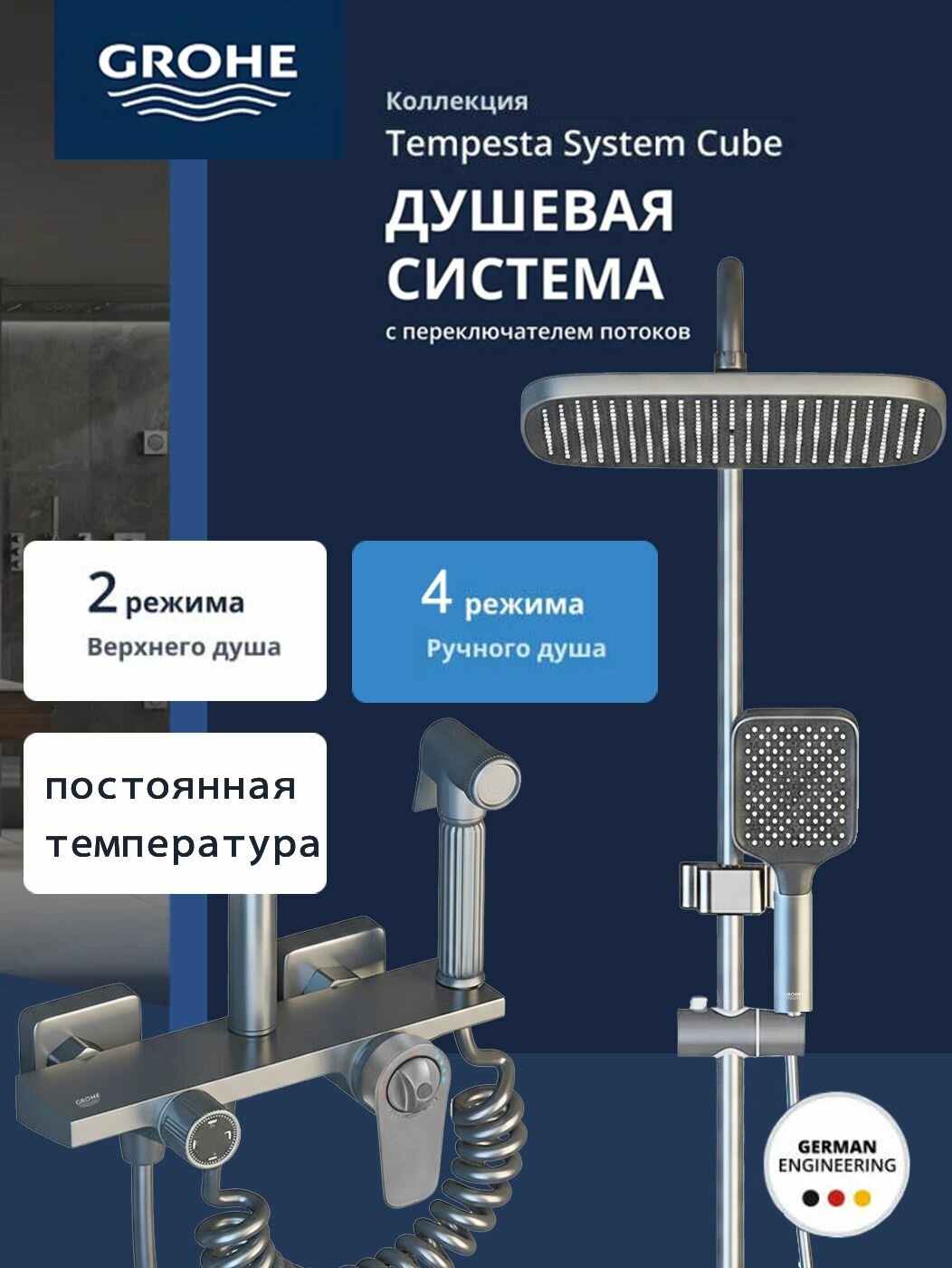 Душевой набор GROHE "Домашний душ", латунь, глянцевое покрытие, 4 режима