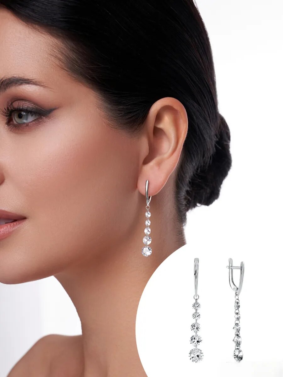 Серьги, серебро, 925 проба, родирование, фианит