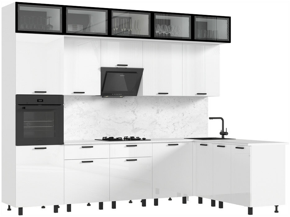 Кухонный гарнитур 3,0х1,8/1080м Компоновка №8, Белый/Белый глянец