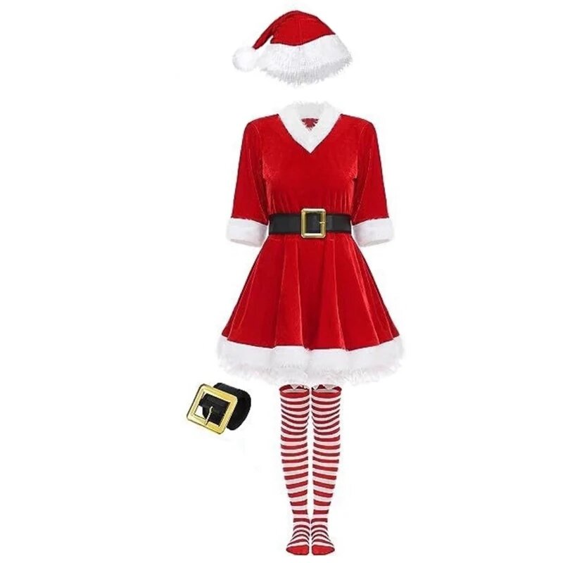 Женский костюм Санта-Клауса красный полиэстер 4XL, Dress Hat Socks Belt