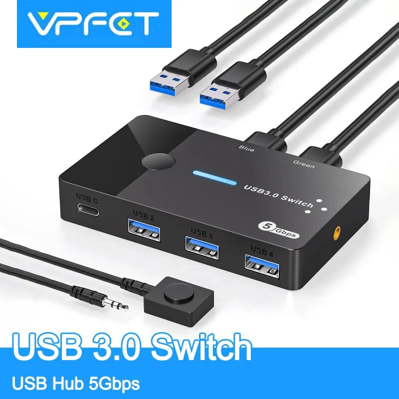Переключатель USB3.0 2 в 4 выхода KVM-переключатель Компьютер Ноутбук Совместное использование хоста USB3.0 к устройства Type-C Общая мышь Клавиатура и принтер VPFET