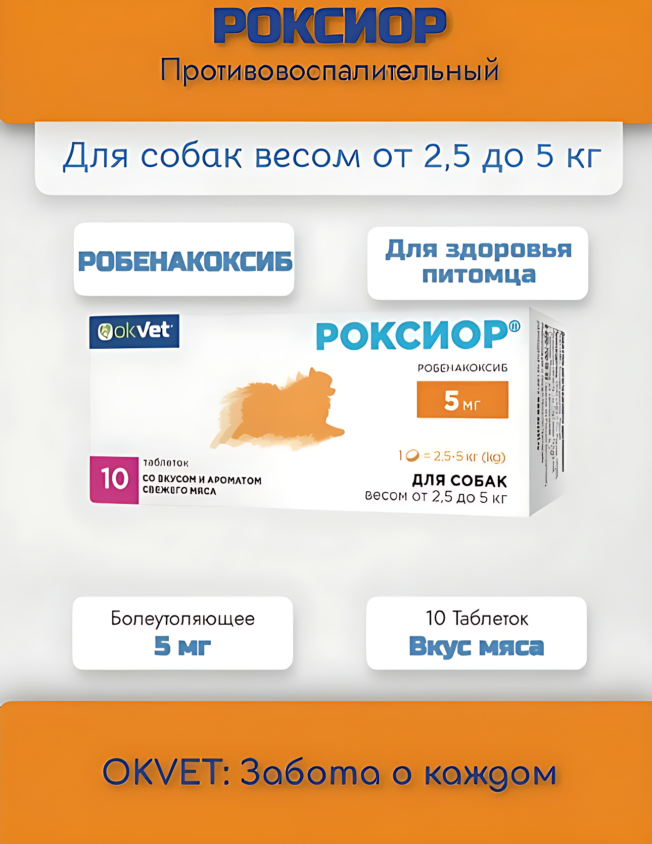 Противовоспалительный и болеутоляющий препарат для собак Роксиор OKVET 5 мг, 10 таблеток