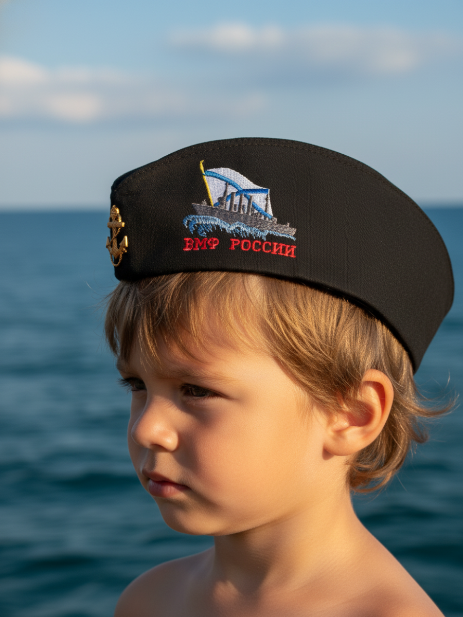 Пилотка детская ВМФ с вышивкой корабля и Андреевского флага. Размер 50-52. Felante