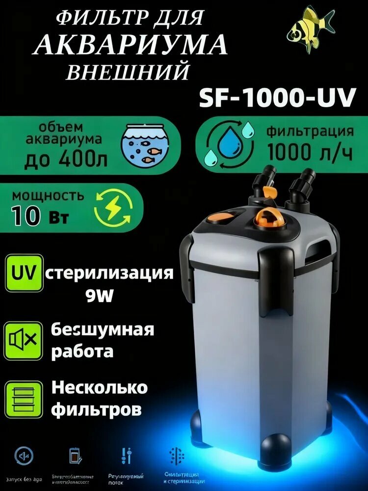 Фильтр для аквариума внешний SOBO SF1000-UV 1000л/ч, с УФ стерилизацией канистровый, 250-500л