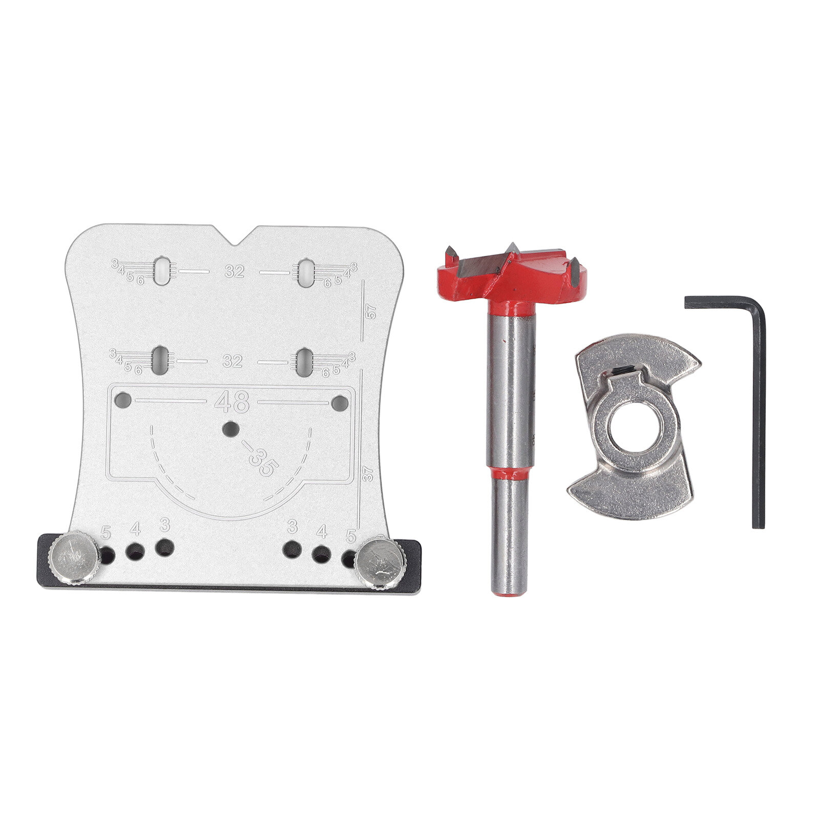 35-мм направляющая для сверления петель из алюминиевого сплава, комплект с быстрой фиксацией, центровочным сверлом и сверлом, серебристый цвет