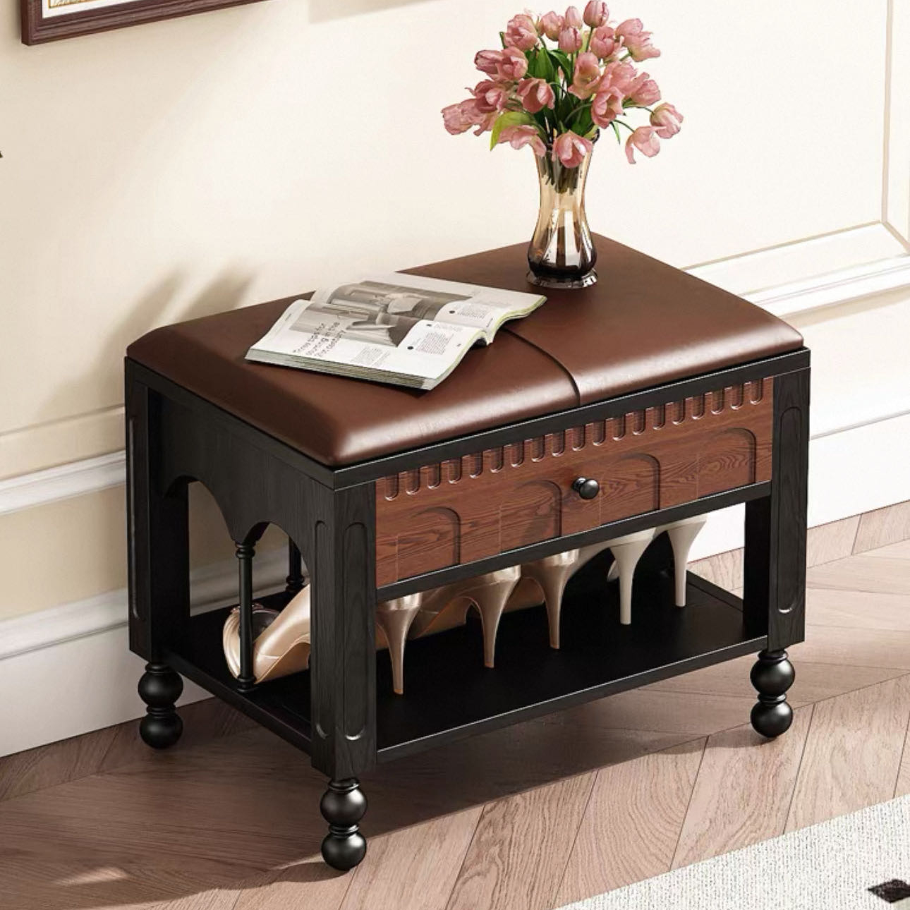 Интерьерная банкетка для обуви с ящиками для хранения в ретро стиле Fidelaire (58см)