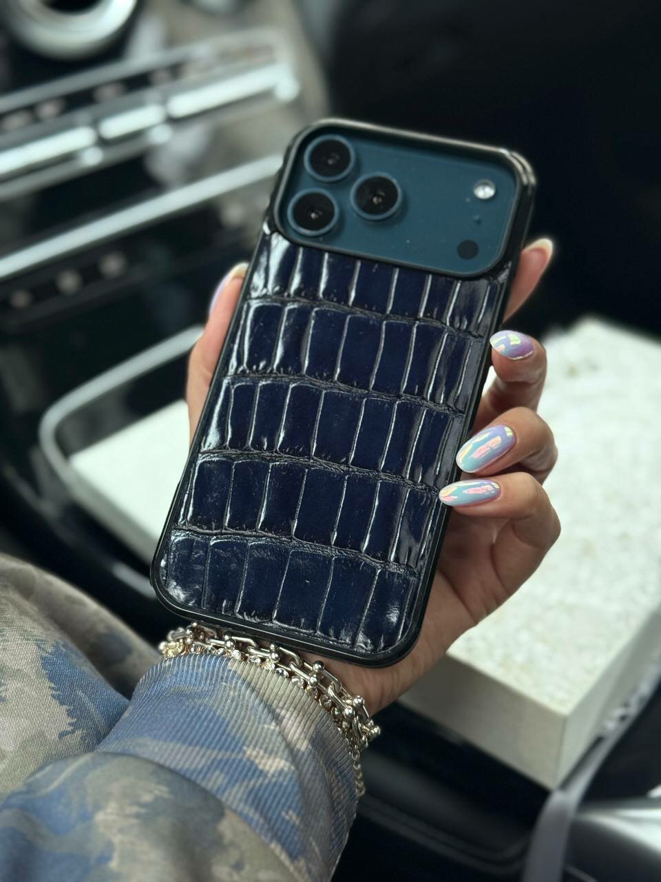 Чехол для iPhone 17 Pro Max из натуральной синий кожи