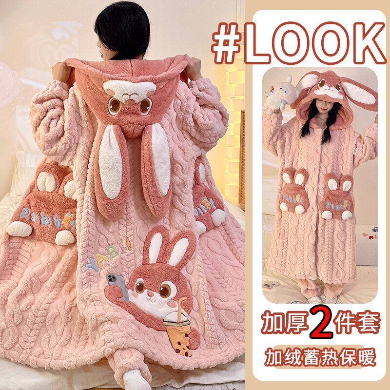 Женский халат из кораллового флиса, зимний утолщенный флис, новый стиль, милый фланелевый комплект домашней одежды, размер：S-L