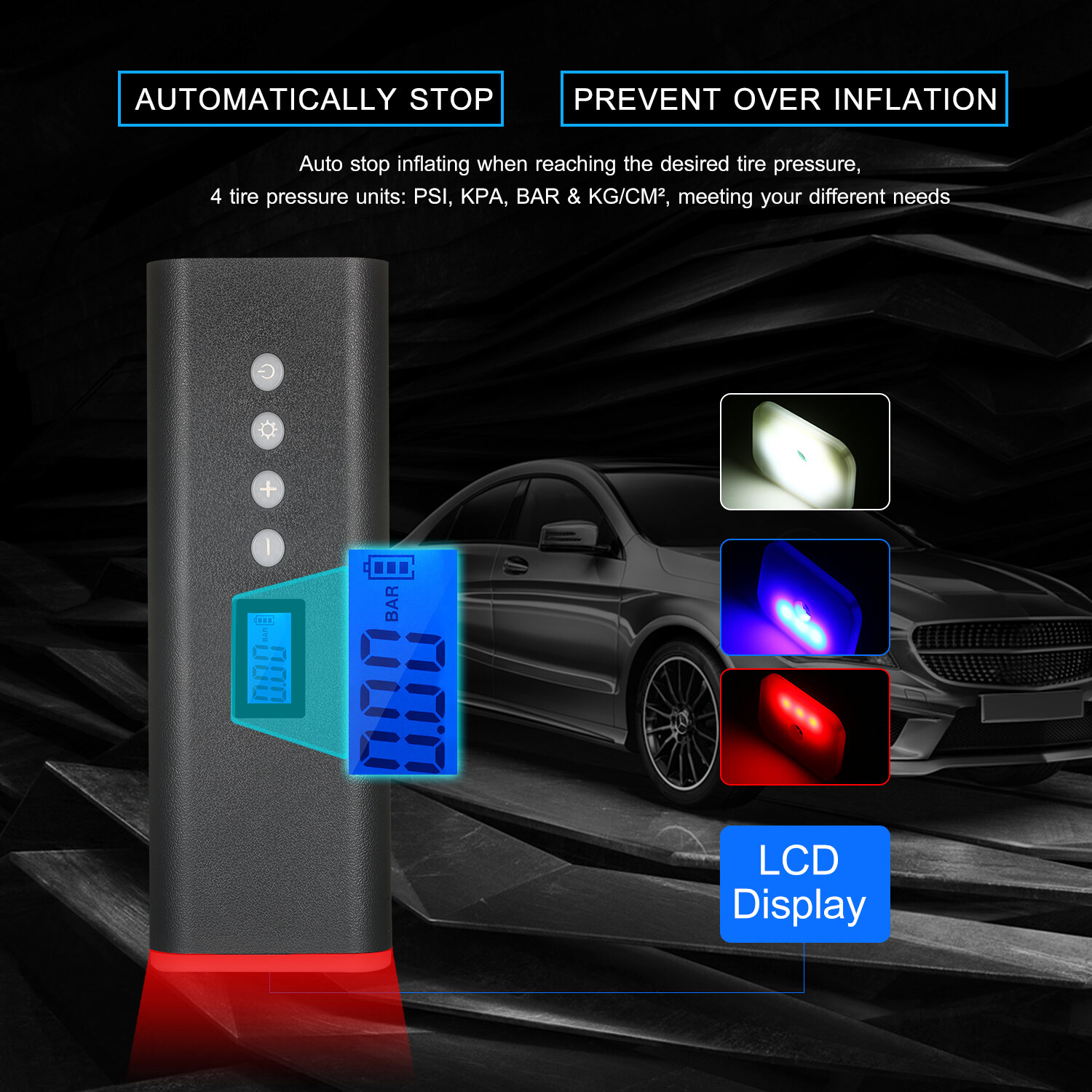 Ручной компрессор 150PSI 2000mAh с ЖК-дисплеем и 4 насадками