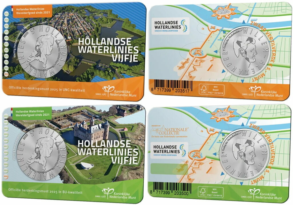 Нидерланды 5 евро, 2025 Объект Всемирного наследия юнеско Голландские линии воды (одна карточка)