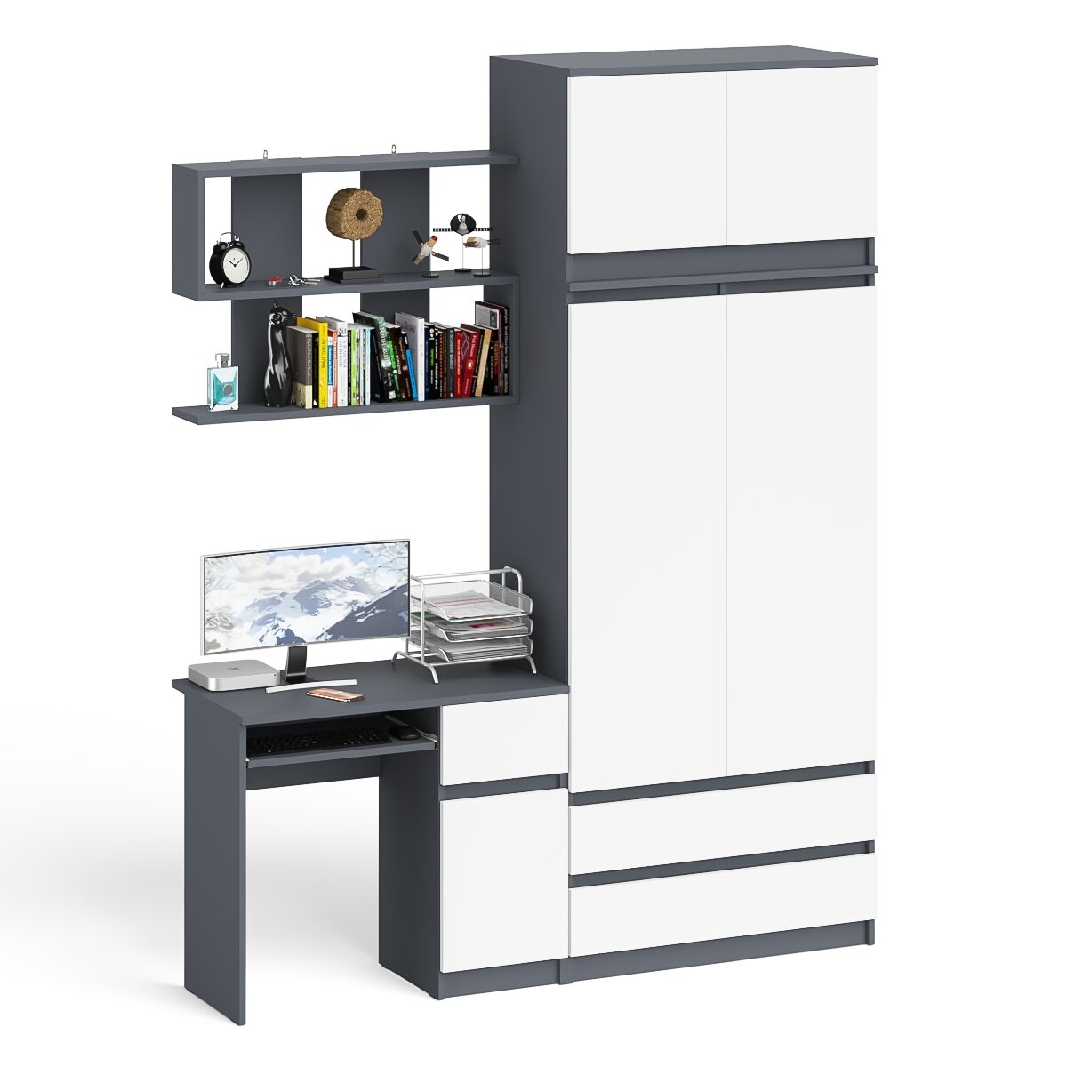 Шкаф с антресолью Мори МА900.1 с компьютерным столом МС-1 правым и книжной полкой графит/белый, 180,4х50,4х234,2 см