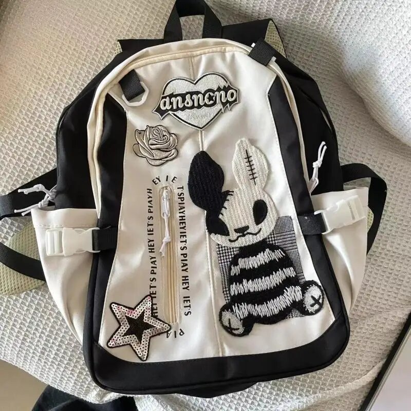 Рюкзак женский готический с вышивкой на спине кролика школьные аниме рюкзаки для женщин универсальные повседневные дизайнерские сумки Y2k для улицы, photo color, 29-41-15cm, Унисекс