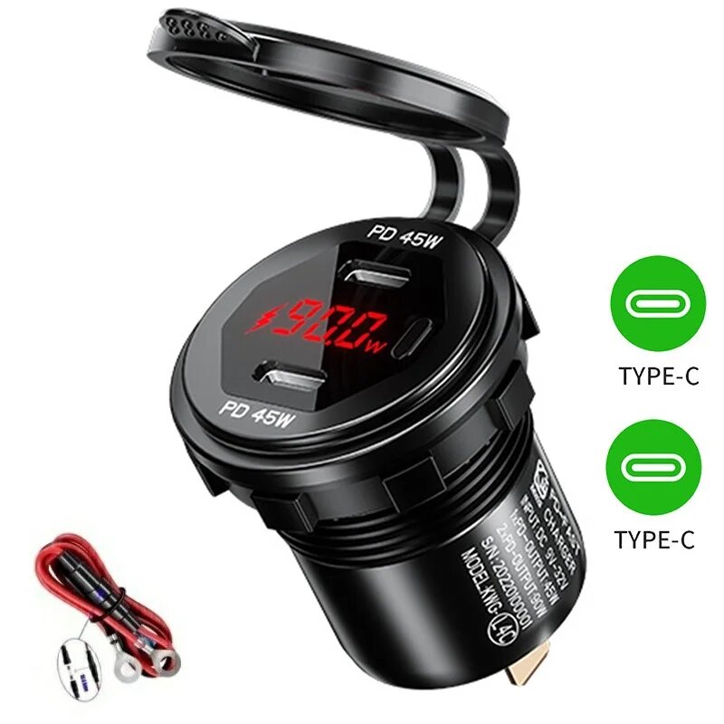 Двойная USB-розетка для зарядного устройства, 90 Вт, адаптер 12 В, 24 В, водонепроницаемый, с двумя портами USB, быстрая зарядка для автомобиля, лодки, внедорожника, седана, RV 2 TYPE C Red