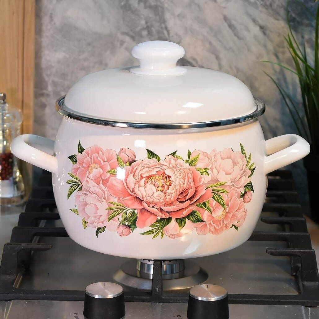 Кастрюля 3,5л«Букет пионов» эмалированная белая с цветочным рисунком