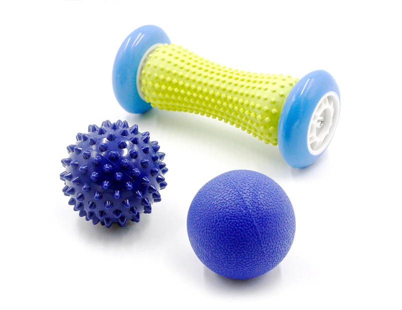 Набор для массажа Plantar Fasciitis: ролик для стоп, шипчатая мяч, мяч лакросс для терапии боли в руках, ногах, спине, восстановления глубоких тканей, точечныхTrigger Point, материал PU, шипчатая мяч: синий 7см / розовый 9см (опционально), массажер для