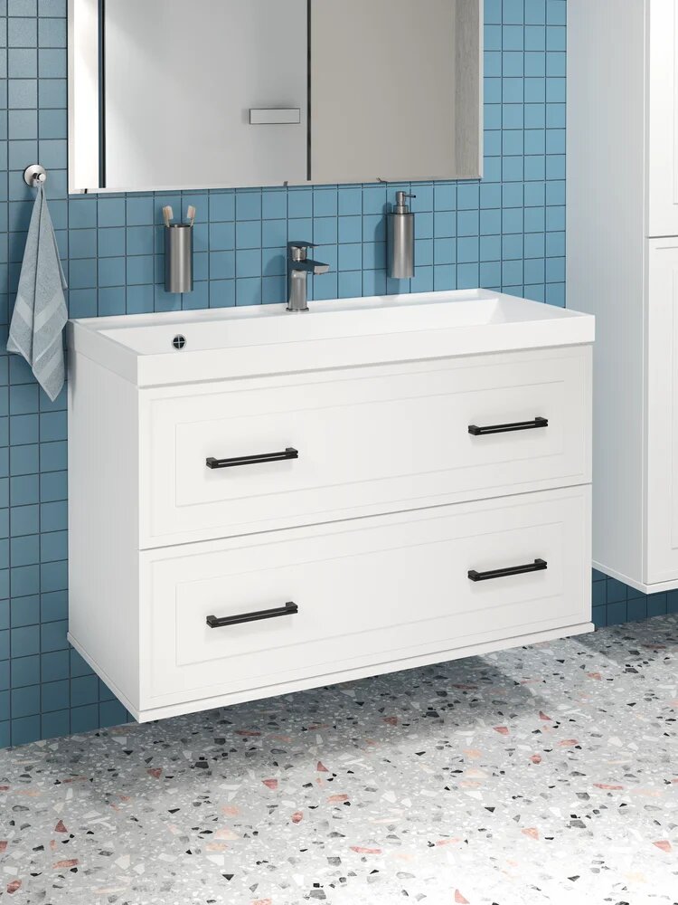 Тумба с раковиной STWORKI Хадстен 100 подвесная, 100, 4 см, белая, матовая, из МДФ, с ящиками, раковина для ванной из искусственного мрамора, прямоугольная