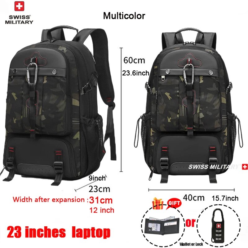 Швейцарский военный дорожный рюкзак для мужчин, расширяемая Водонепроницаемая вместительная сумка с USB-разъемом для пеших прогулок и скалолазания, 23 дюйма 23 inch Multicolor