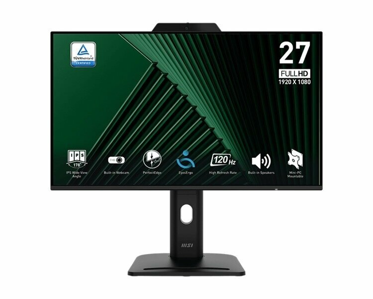 Монитор/ MSI PRO MP272PMG 27 1920x1080, IPS, 120Hz, Webcam, 4ms, 100M:1, 300cd, VGA, HDMI, DP, 3xUSB, Speaker, H. adj, Pivot, VESA, 1y, Black
