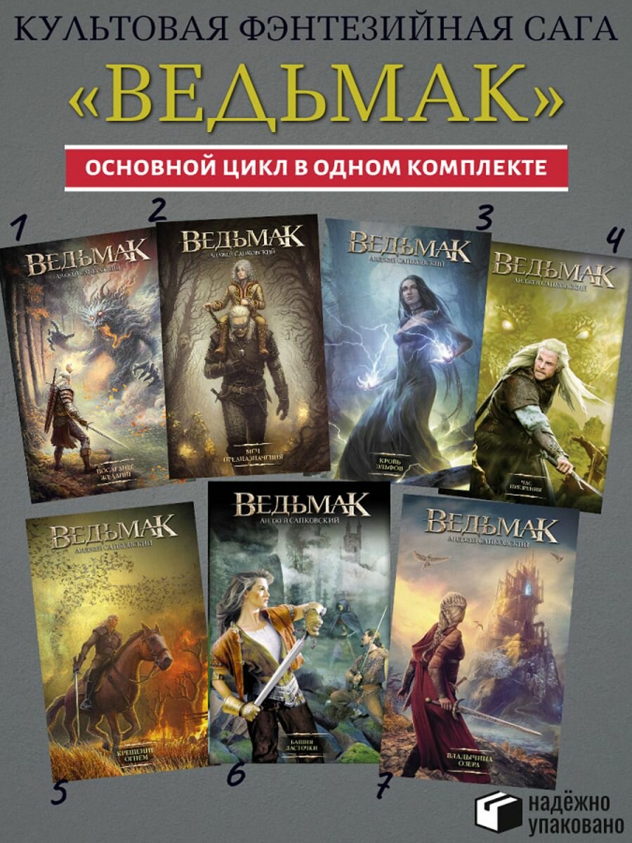 Комплект из 7 книг Последнее желание. Меч Предназначения. Кровь эльфов. Час презрения. Крещение огнем. Башня ласточки. Владычица Озера (Цикл "Ведьмак")
