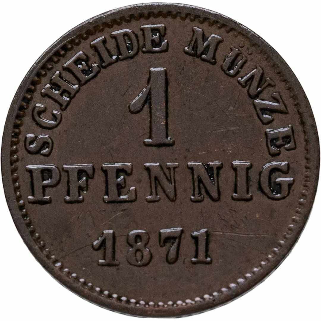 Германия, Гессен-Дармштадт 1 пфенниг 1871, Медь, в сохранности XF