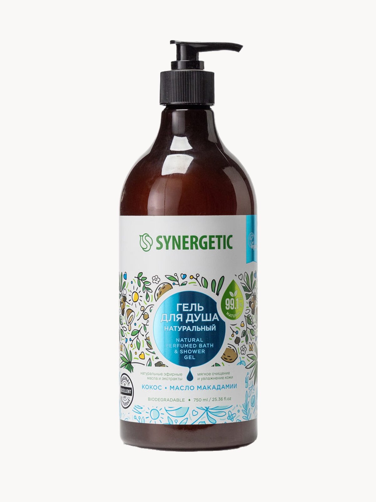 Гель для душа SYNERGETIC "Кокос и масло макадамии" увлажняющий, натуральный, 750мл
