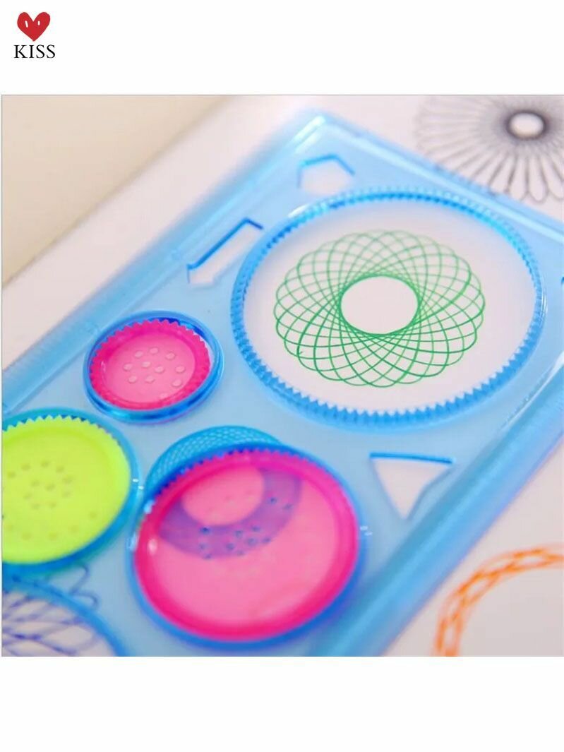 Спирограф линейка для рисования, линейка-калейдоскоп 20 см, 3 круглых вкладыша разного размера