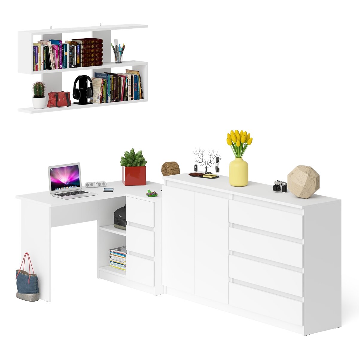 Тумба-комод МК1600.1 Мори с книжной полкой и угловой компьютерный стол правый, белый, 284,8х84,9х209,6 см.