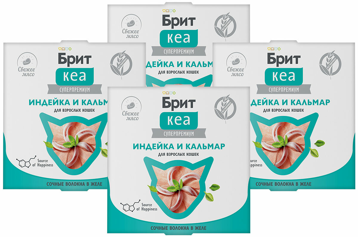 Корм влажный Brit Care для взрослых кошек с индейкой и кальмаром кусочки в желе, 75 г х 4 шт