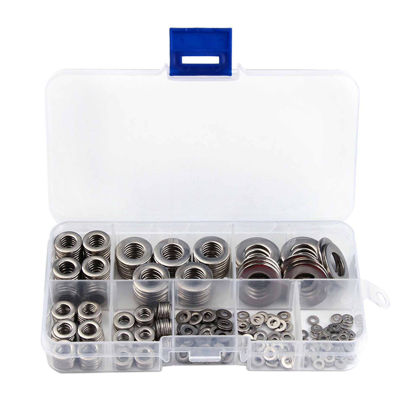 360 штук Стainless Steel Flat Washers набор с хранения ящиком портативный (M2 50pcs, M2.5 50pcs, M3 50pcs, M4 50pcs, M5 50pcs, M6 50pcs, M8 40pcs, M10 20pcs), цвет серебристый, материал Stainless, размер упаковки 132*68*23mm, вес 166g