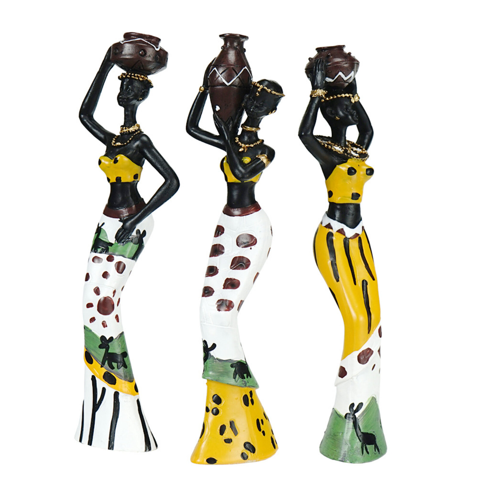3pcs/Set Африканская Скульптура Женский Фигурка Девушки Трибальная Дама Фигурine Статуэтка Декор Коллекционный АртПисьмо Креативные Ремесла Куклы Орнаменты Домашние Подарки - Yellow
